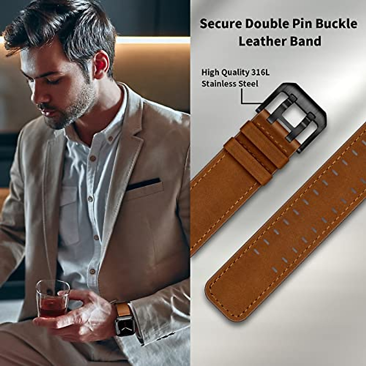 OUHENG Leather Bands Compatible with Apple Watch Band 49mm 45mm 44mm 42mm, Genuine Leather Replacement Band Strap Wristband for iWatch Ultra Series 8 7 6 5 4 3 2 1 SE2 SE Men Women, Retro Brown/Black