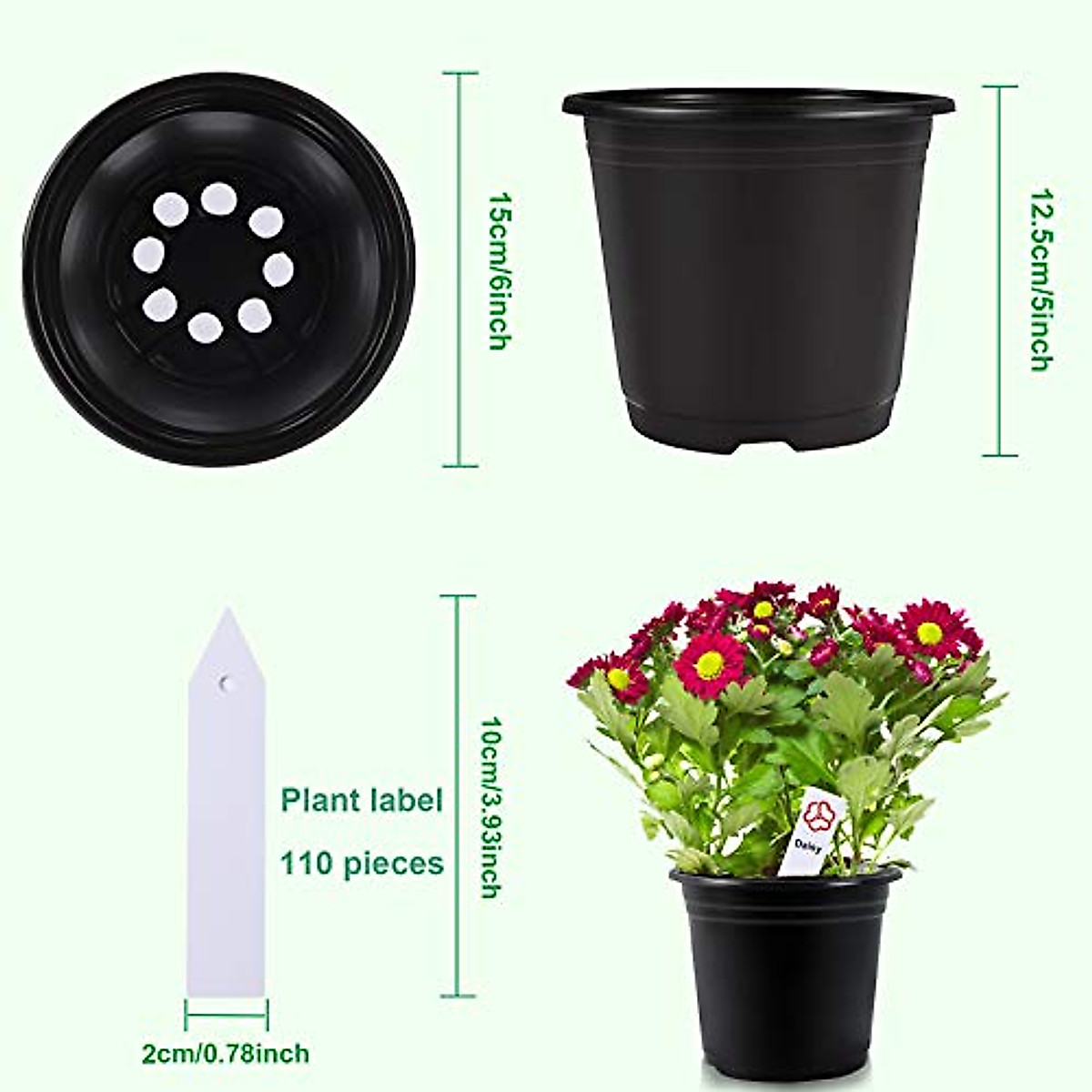 110 Pcs 0.5 Gallon Black Plastic Plant Nursery Pots 6 Inches Seed Starting Pots Containers with 110 Labels
