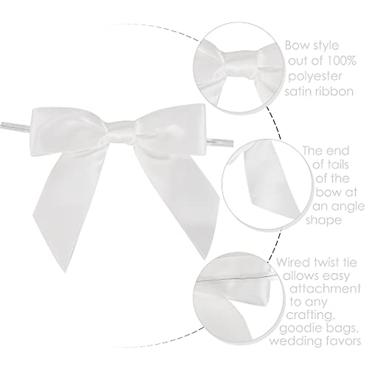 AIMUDI White Satin Ribbon Twist Tie Bows 3.5" Pretied Bows Premade Craft Bows for Treat Bags Cake Pop Gift Wrapping Basket Wedding Favors Cookie Candy Bagging Baby Shower - 50 Counts