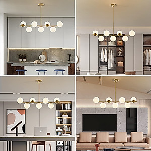 KCO Lighting Modern Brass Linear Chandelier Pendant Light 7-Lights Gold and White Glass Pendant Lighting Mid Century Globe Dining Light Fixture for Living Room Kitchen