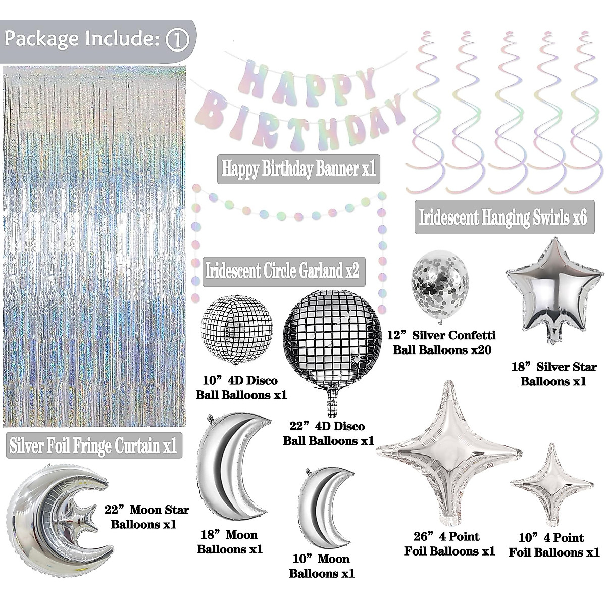 Disco Party Decorations, Iridescent Happy Birthday Banner Cute Foil Birthday Sign Hanging Streamer Balloon for 60s 70s 80s Women Men Cool Retro Boogie Disco Dancing Bachelorette Indoor Home Decor