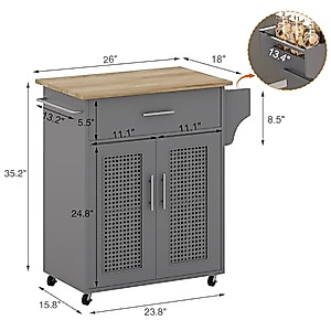 Tornama Kitchen Island with Storage, Rolling Kitchen Island on Wheels with Solid Wood Countertop, Kitchen Island Cart with Rattan Storage Cabinet, Spice Rack, Towel Rack and Drawers, Grey