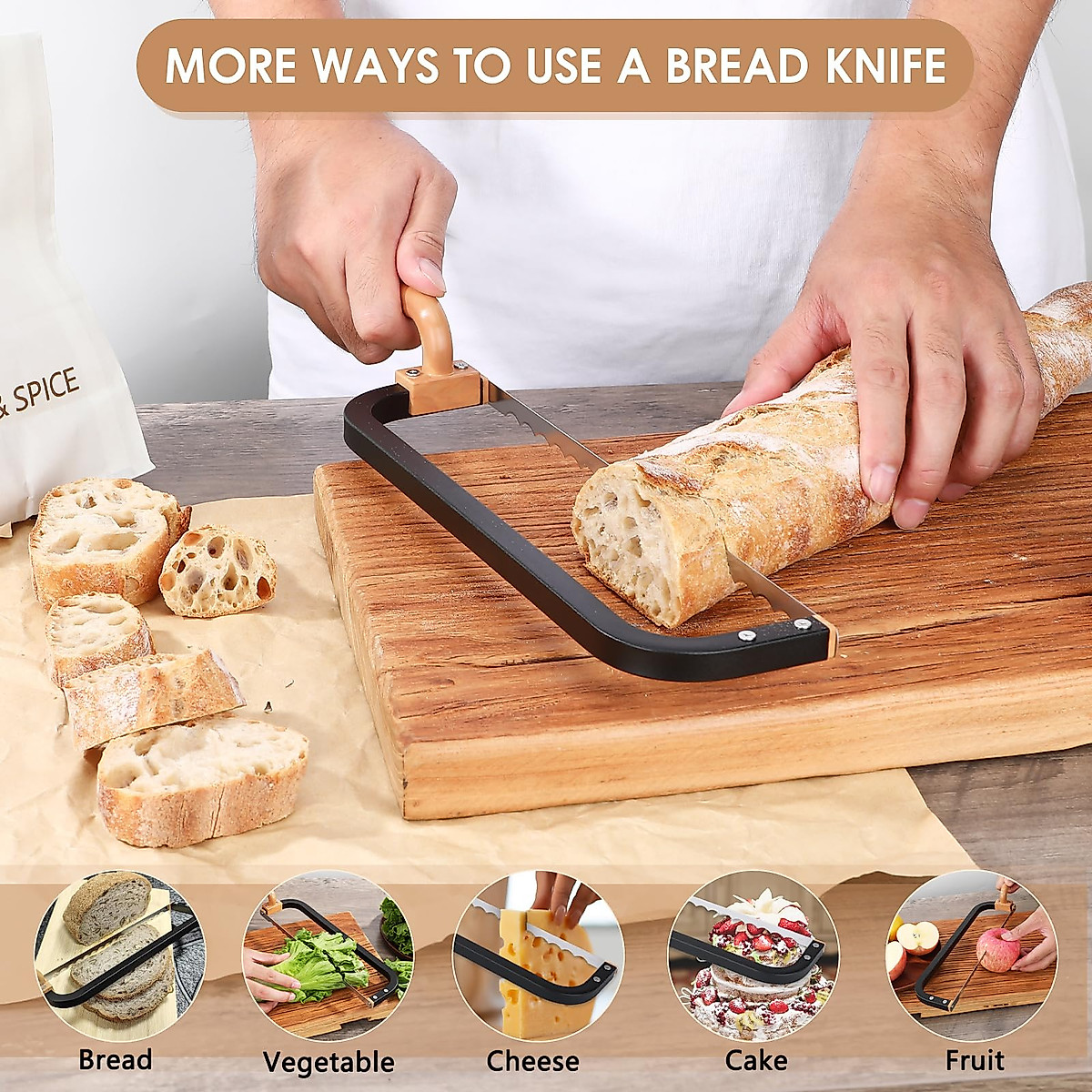 Ittnim Bread Knife Handmade Bread Bow Knife 16" Serrated Bowl Knife, Bread Saw Sourdough Knife Aluminum Alloy Sourdough Cutter Suit for Left & Right Handed People to Cut Baguettes Vegetables Fruits