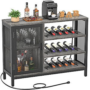 Homieasy Wine Bar Cabinet with Power Outlets, Industrial Bar Cabinets for Liquor and Glasses, Farmhouse Mini Coffee Bar Liquor Cabinet Bar for Home with Removable Wine Racks, Balck Oak