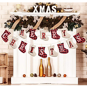 Merry Christmas Banner, Rustic Christmas Tree Ornaments Stocking Decorations, Unique Hand-Sewn Burlap Socks Shaped Christmas Tree Decorations, Stockings for Home Office Party Fireplace Decoration