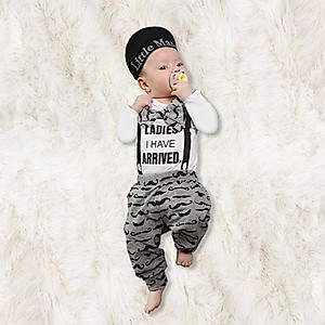 KuKitty Newborn Infant Baby Boy Clothes Long Sleeve Bow Ladies I Have Arrived Romper + Moustache Pants + Hat 3PCS Outfits Set (0-3 Months) Grey