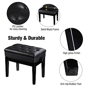 AW Adjustable Height Piano Bench Stool PU Leather Wooden Keyboard Seat with Music Storage Weight Capacity 400lbs Black