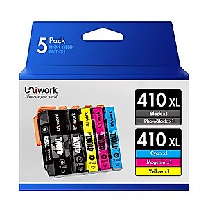 Uniwork Remanufactured Ink Cartridge Replacement for Epson 410XL 410 XL T410XL use for Expression XP-830 XP-640 XP-7100 XP-630 XP-530 XP-635 Printer tray (Latest Upgraded Chip, 5 Pack)