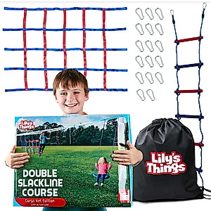 Lily's Things Double Slackline Obstacle Course for Kids | 110 Foot Line Ninja Warrior Obstacle Course Patented Double Line Design Unique Outdoor Ultimate Playground Climbing Challenge - Cargo Net Set
