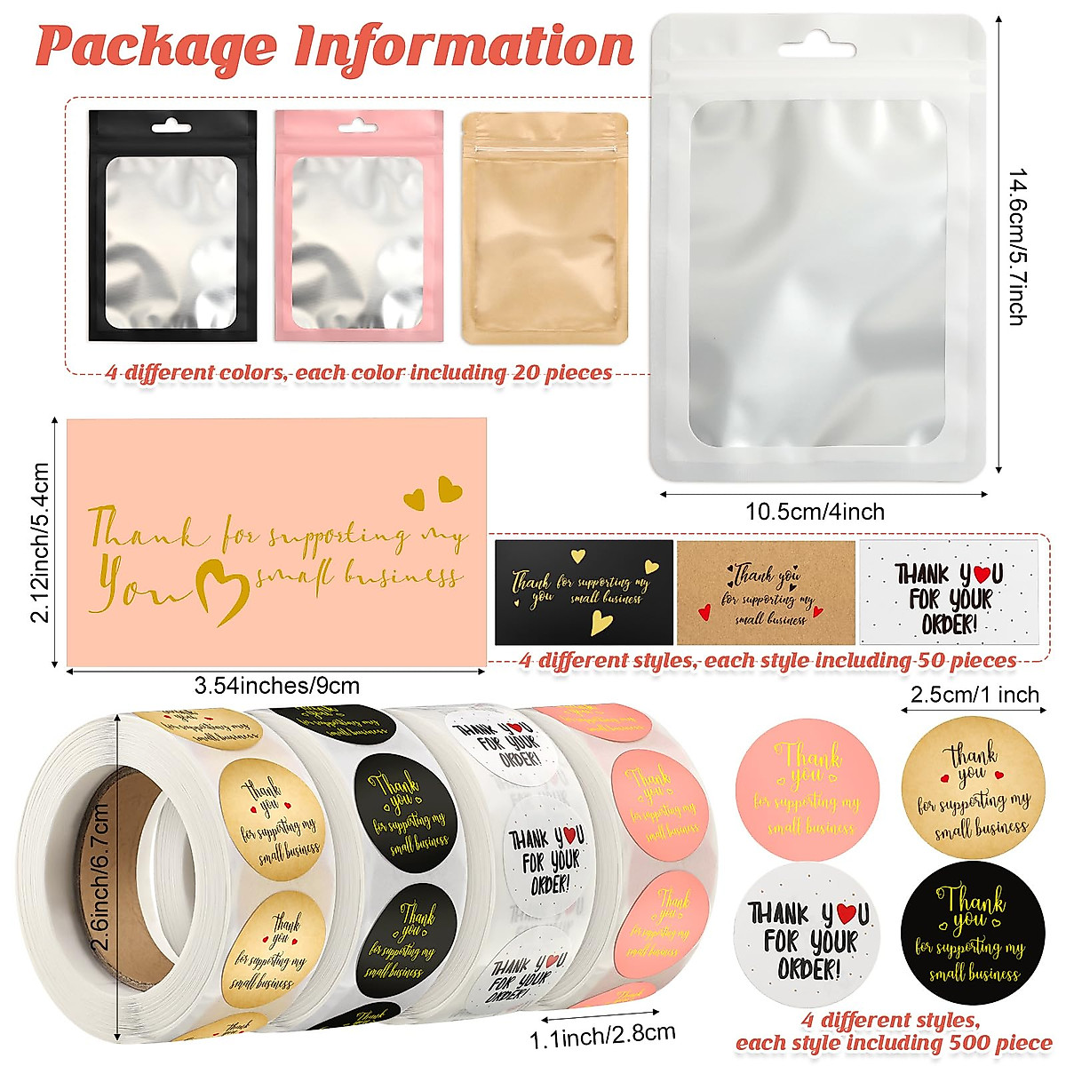 Leelosp 2280 Pcs Christmas Thank You Cards and Stickers Small Business Packaging Supplies Bracelet Jewelry Gloss Thank You for Supporting My Small Business Stuff Essentials(Black, White, Gold, Pink)