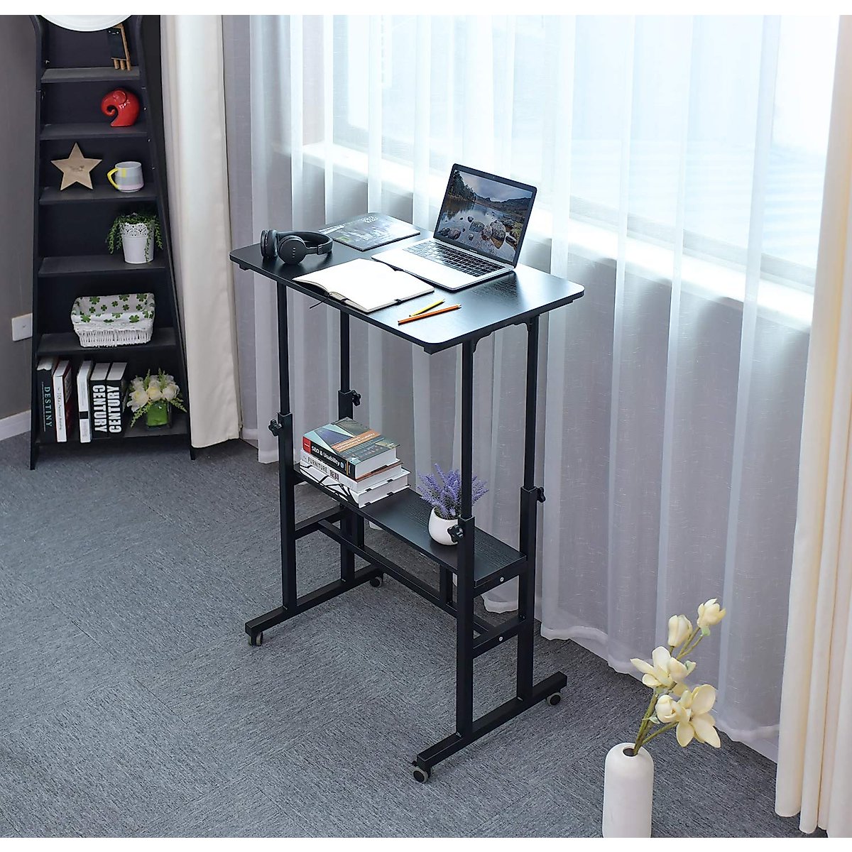 AIZ Mobile Standing Desk, Adjustable Computer Desk Rolling Laptop Cart on Wheels Home Office Computer Workstation, Portable Laptop Stand Tall Table for Standing or Sitting, Black 31.5" x 19.7"
