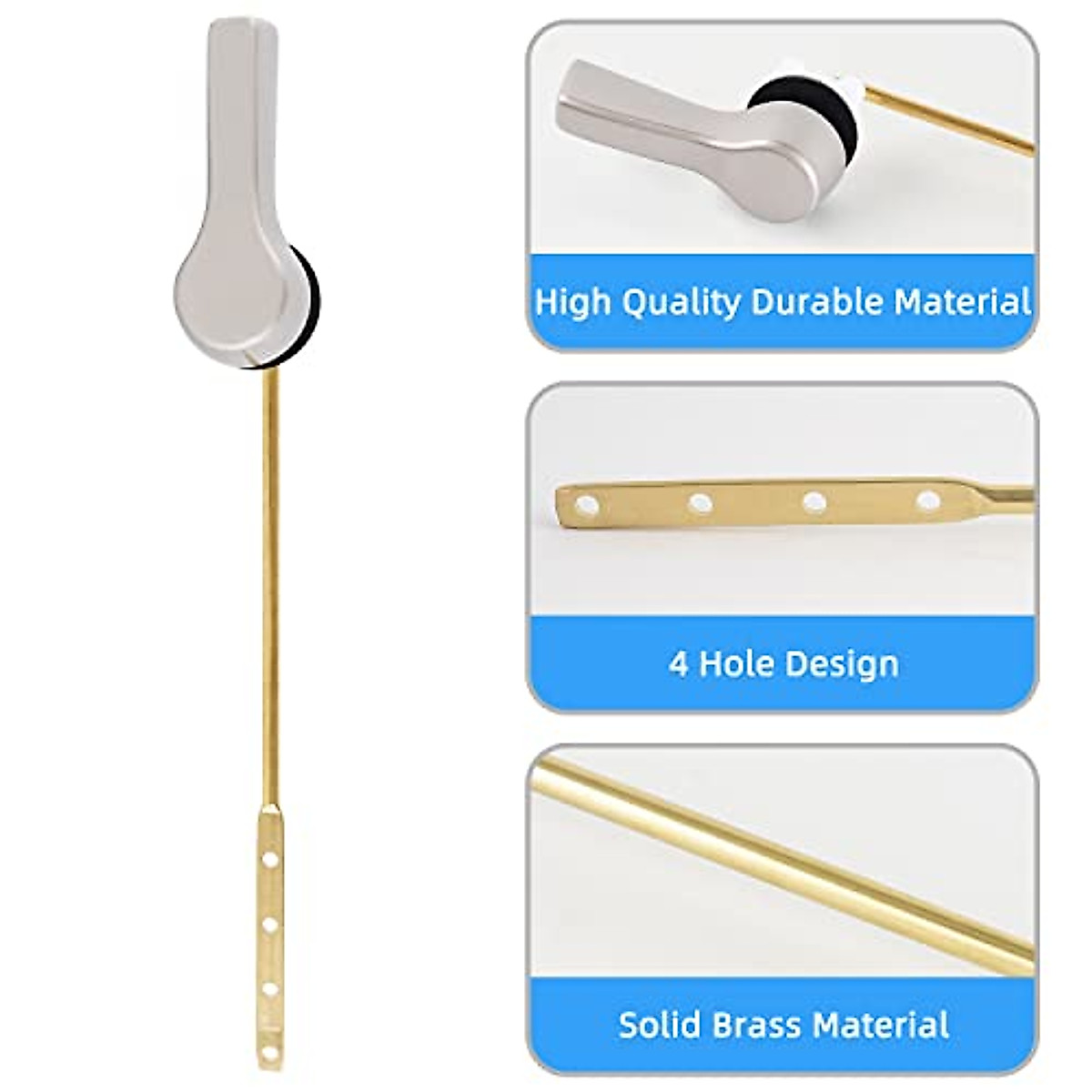 Brushed Nickel Toilet Tank Flush Lever Replacement, Universal Front Mount Handle Toilet Tank Trip Lever with Stainless Steel Flapper Chains, Brass Toilet Handle, Easy Install