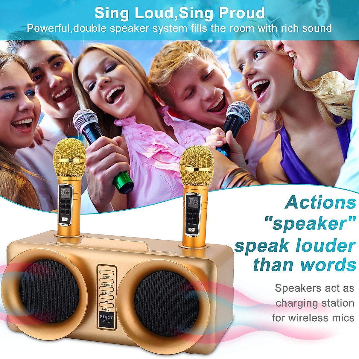 ALPOWL Karaoke Machine for Kids Adults with 2 UHF Wireless Microphone, Portable Bluetooth Speaker PA System with LED Lights for Home Party, Wedding, Church, Picnic, Outdoor/Indoor (Gold I)