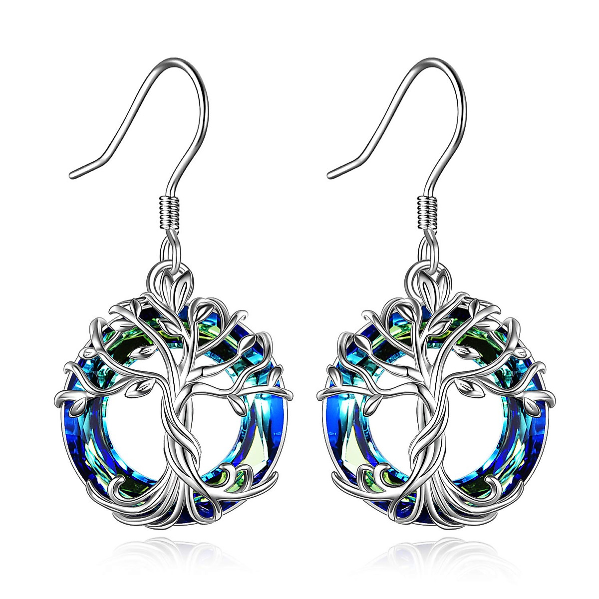 TOUPOP Earrings for Women Sterling Silver Tree of Life Dangel Drop Hooks Earrings with Blue Circle Crystal Christmas Birthday Valentiens Mothers Day Jewelry Gifts for Women Mom Her