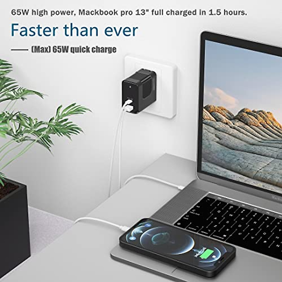 sunshot USB C Charger 65W Fast Charger (Dual Port USB C PD3.0 & USB A) with GaN Fast Technology Charger for MacBook Pro/Air, Dell XPS13, HP Spectre, iPhone11 Pro Max, iPad Pro etc, One for All Deviece