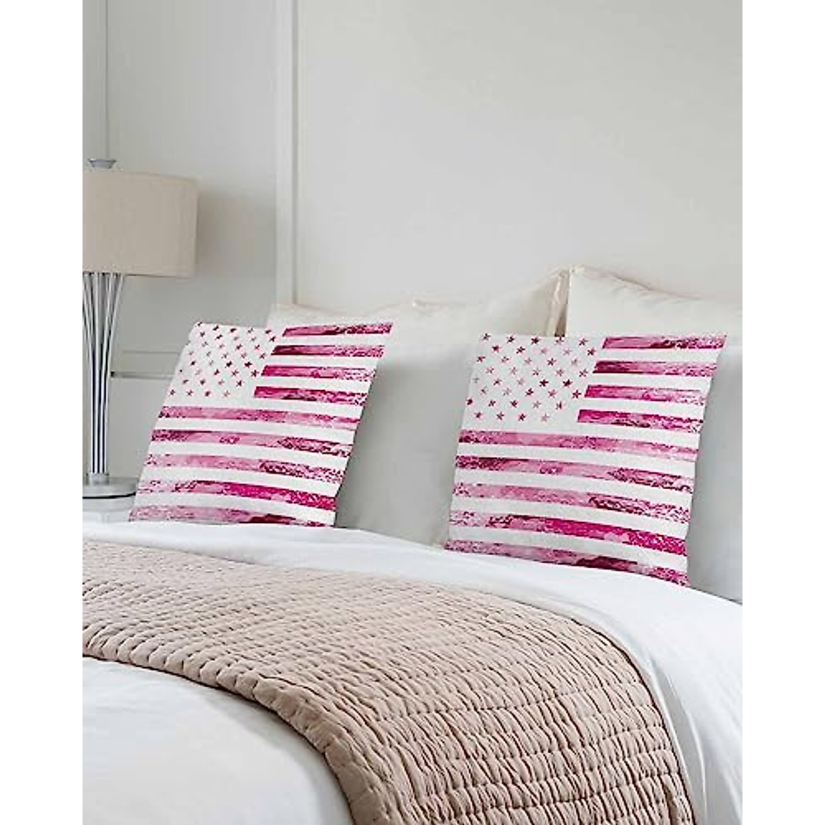 Set of 2 Throw Pillow Covers Square for Home Decor, Independence Day Pink Camo American Flag Patriotic 18x18 Inch Cotton Reversible Pillow Case Sofa Soft Cushion Cases for Bedroom Couch Bed Car Chair