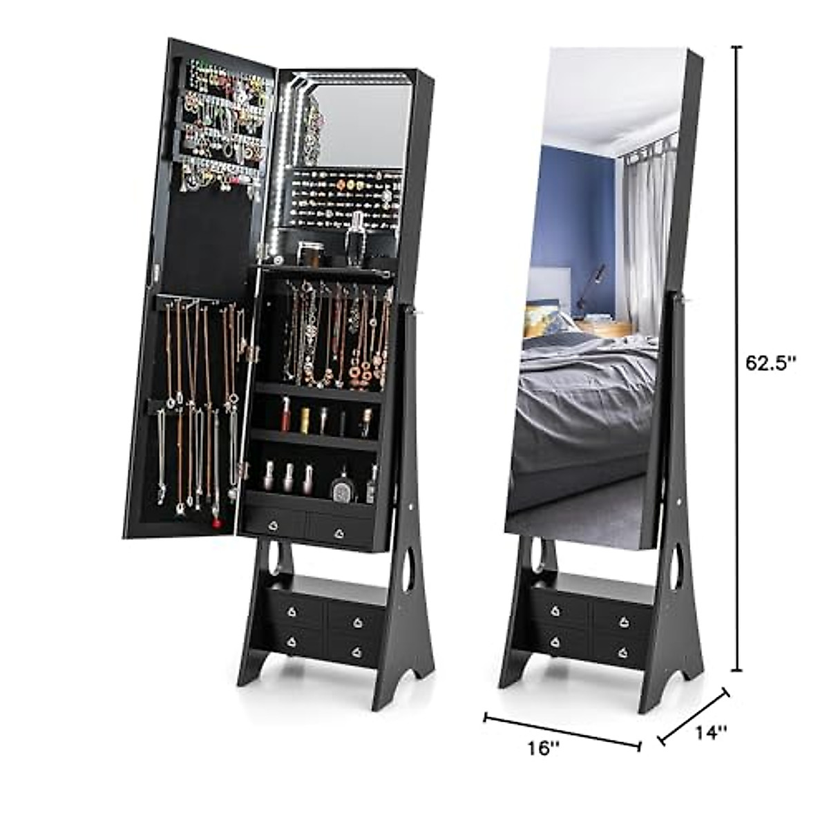 CHARMAID Jewelry Cabinet with LED Light Strip, 62.5'' Floor Jewelry Armoire with High Full Length Mirror, Vanity Mirror, Foldable Makeup Shelf, Jewelry Organizer Storage with 6 Drawers (Black)