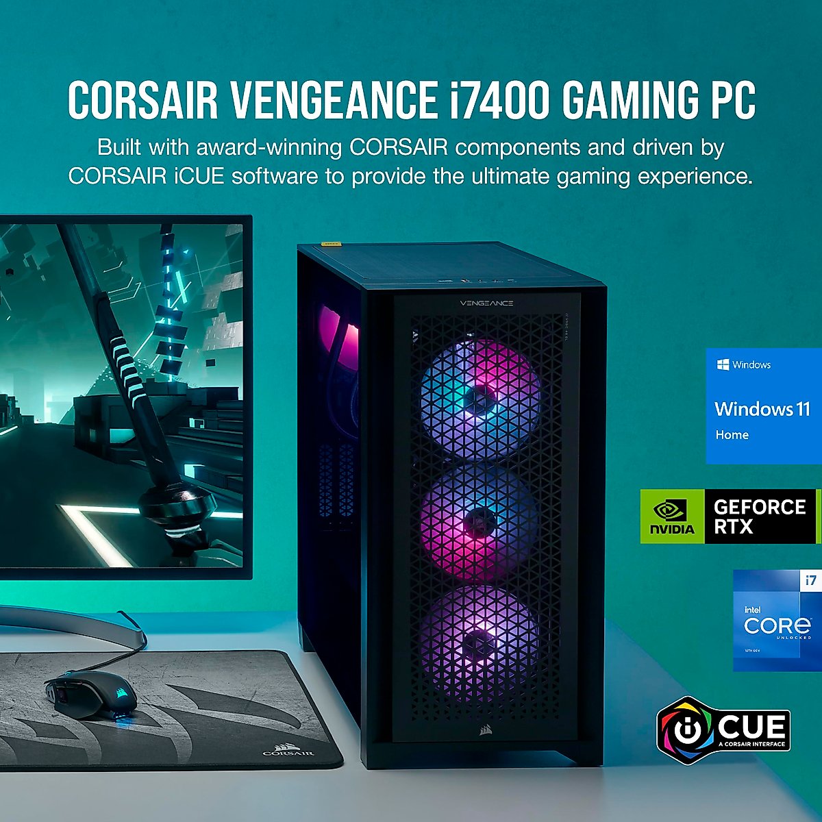 Corsair Vengeance i7400 Series Gaming PC - Liquid Cooled Intel® Core™ i7 13700K CPU - NVIDIA® GeForce RTX™ 4080 Graphics - 32GB Vengeance RGB DDR5 Memory,Black