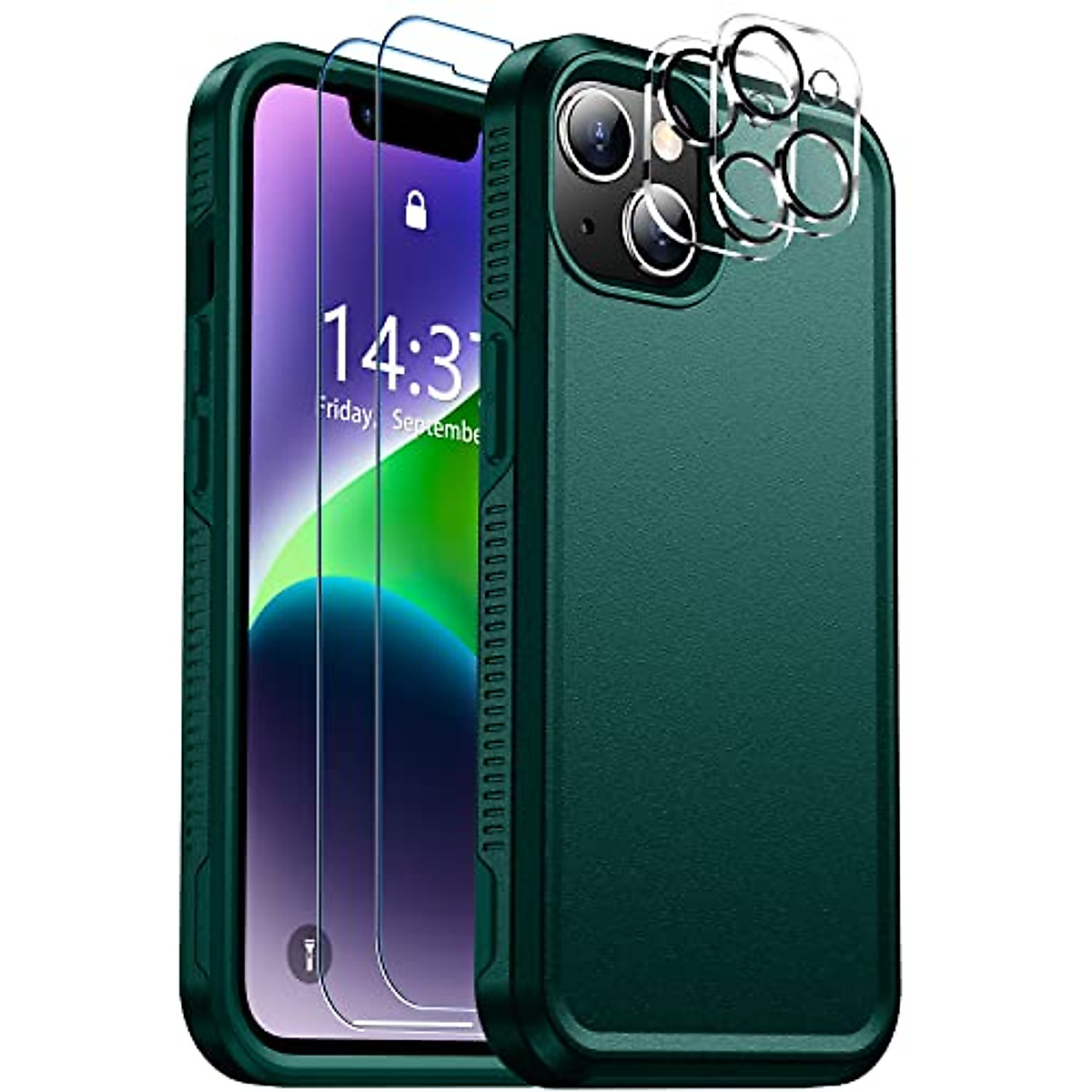 SPIDERCASE for iPhone 14 Case, [15 FT Military Grade Drop Protection][Non-Slip] [2+Tempered Glass Screen Protectors][2+Tempered Camera Lens Protectors] Heavy Duty Shockproof Case, Dark Green
