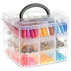 3 Tier Stackable Storage Containers with Adjustable Compartments for Beads, Sewing Accessories, Arts and Crafts Supplies (6 x 6 x 5 in)