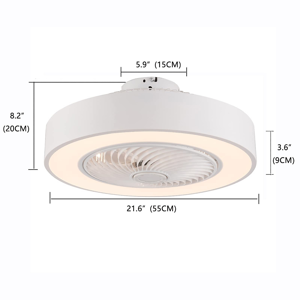 Ceiling Fan with Light Kit,22 Inch Modern LED Remote Control Semi Flush Mount Fandelier with Invisible Acrylic Blades,3 Colors 3 Speeds Changing,Enclosed Low Profile Fan (White)