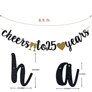 Cheers to 25 Years Banner Black Paper Sign Pre-Strung - Happy 25th Birthday Party Decorations - 25th Wedding Anniversary Decorations
