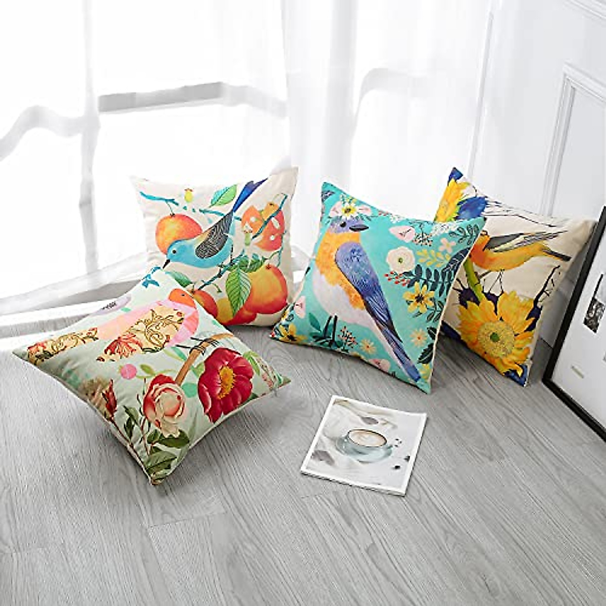 Artscope Set of 4 Decorative Throw Pillow Covers 18x18 Inches, Retro Flowers and Birds Waterproof Cushion Covers, Perfect to Outdoor Patio Garden Living Room Sofa Farmhouse Decor
