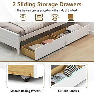 KOMFOTT Full Size Wood Bed Frame with 2 Storage Drawers, Mid Century Platform Bed Frame with Headboard, Sturdy Wooden Slats Support, Modern Mattress Foundation, No Box Spring Required, Easy Assembly