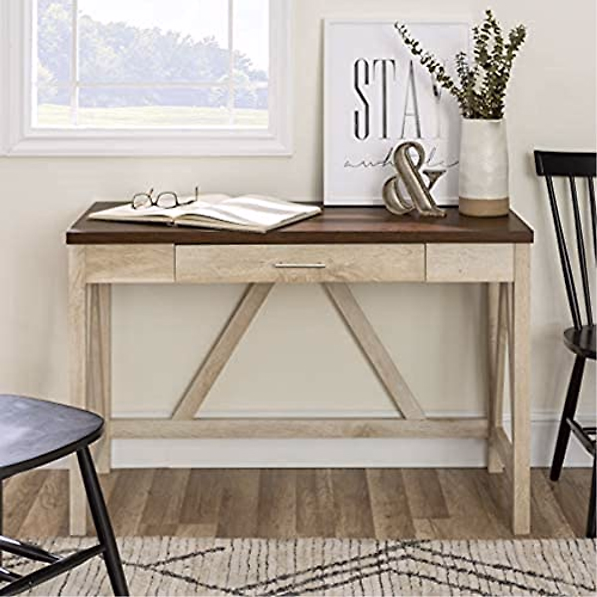 Walker Edison Rustic Farmhouse Wood Computer Writing Desk Home Office Workstation Small, 46 Inch, White Oak and Brown