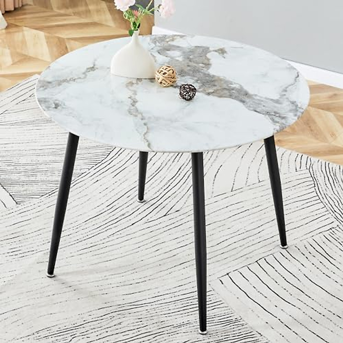JBFF 40" Modern Minimalist Glass Dining Table for 2-4, 0.3" Thick White Circular Imitation Marble Pattern Tabletop with 4 Black Metal Legs, Suitable for Dining Living Room Restaurant