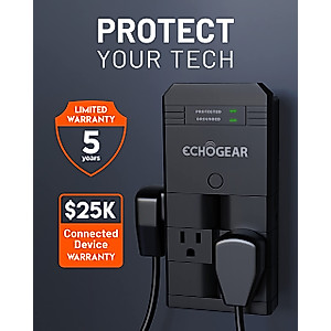 ECHOGEAR Wall Outlet with Surge Protection - Power & Protect 8 Devices with 6 Rotating AC Plugs & 2 USB Ports - Includes 1x USB-C Port & 1x USB-A Port - Black