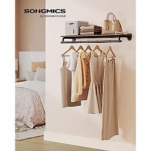 SONGMICS Clothes Rack with Top Shelf, Wall Mounted Clothing Rack, with Hanging Rod, Loads up to 132 lb, 11 x 42.9 x 5.2 Inches, Entryway, Bedroom, Closet, Rustic Brown and Ink Black UHSR135B01