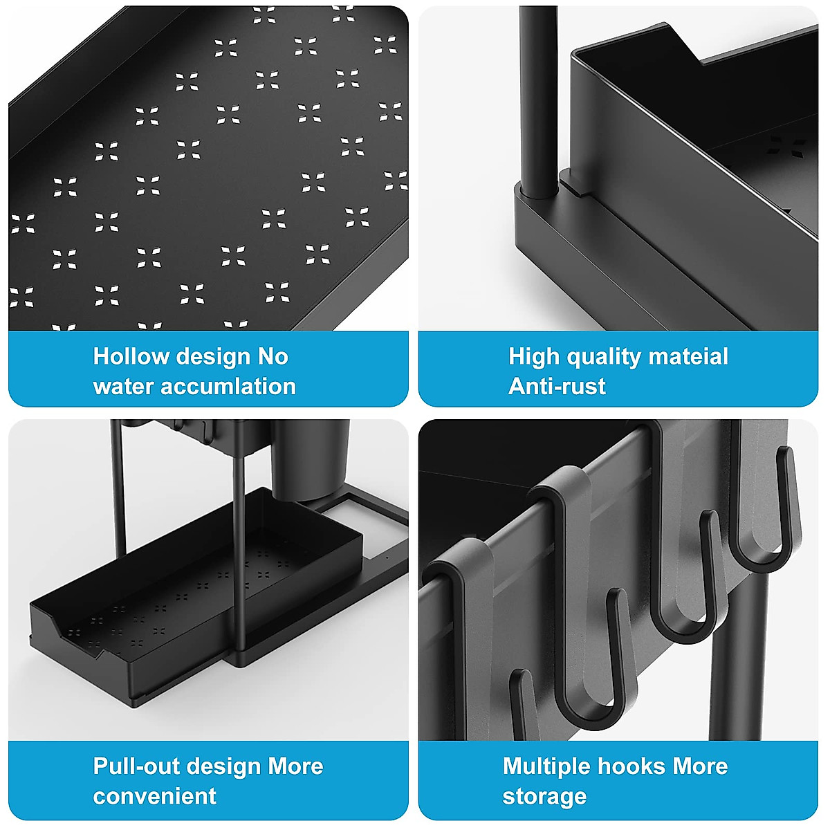 Sealegend 2 Pack Under Sink Organizers,2 Tier Under Sink Organizers and Storage Under Cabinet Slide Out Sliding Shelf with Hanging Cups and Hook,Multi-Use Storage Shelf for Bathroom Kitchen