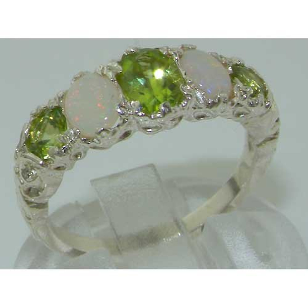 LetsBuyGold 14k White Gold Natural Peridot and Opal Womens Anniversary Ring - Size 4.25