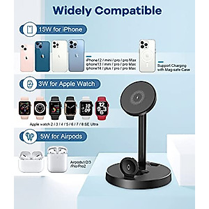 Mag-Safe 3 in 1 Wireless Charging Station, 15W Fast Magnetic Wireless Charger Stand for iPhone 14/13/12Pro/Pro Max/Mini/Plus, Apple Watch Ultra/8/7/6/SE/5/4/3/2, Airpods 3/2/1/Pro with QC3.0 Adapter