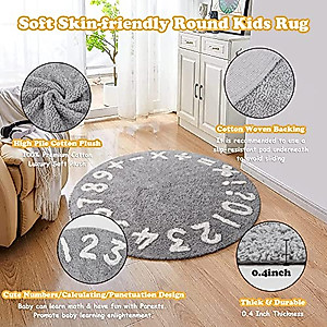 Round Rug 4Ft Math Circle Rug Soft Kids Rug Washable Area Rug Non-Slip Handwoven Tufted Cotton Grey White Rug Floor Play Mat Baby Carpet Nursery Rug for Kids Room Bedroom Playroom Bathroom Decor Gift