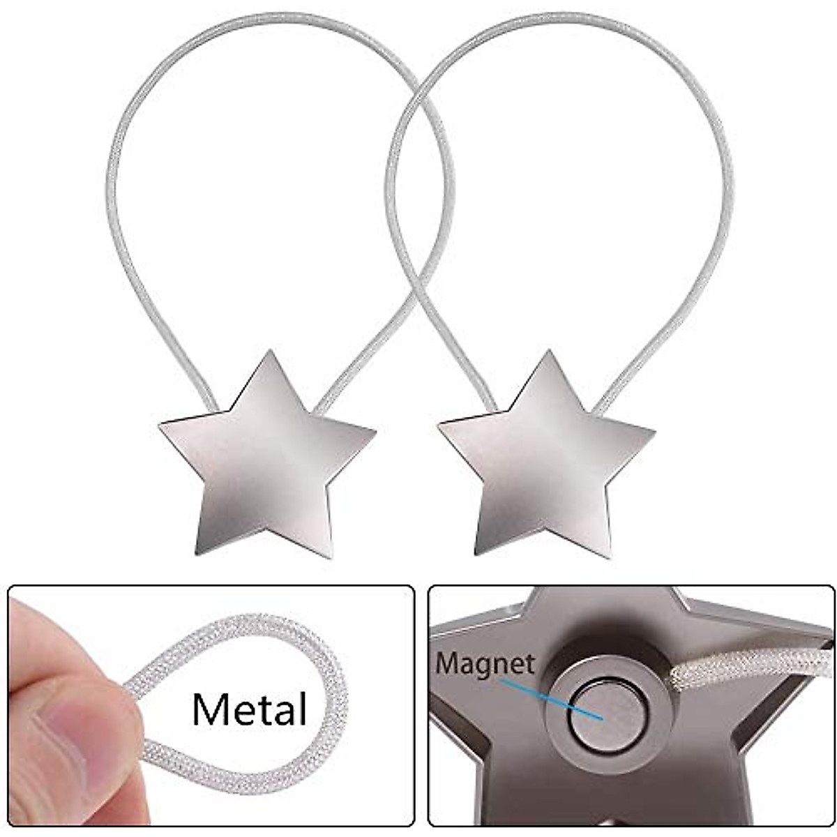 Sorfia Magnetic Curtain Tiebacks Clips Decorative Rope Holdbacks, 2 Pack Star Drapery Tie Backs Weave Holder for Window Draperies Bedroom Home Décor