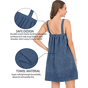 Women’s Terry Cloth Bath Towel Wrap with Adjustable Closure Elastic Robe & Facial Strap (M,Grey Blue)