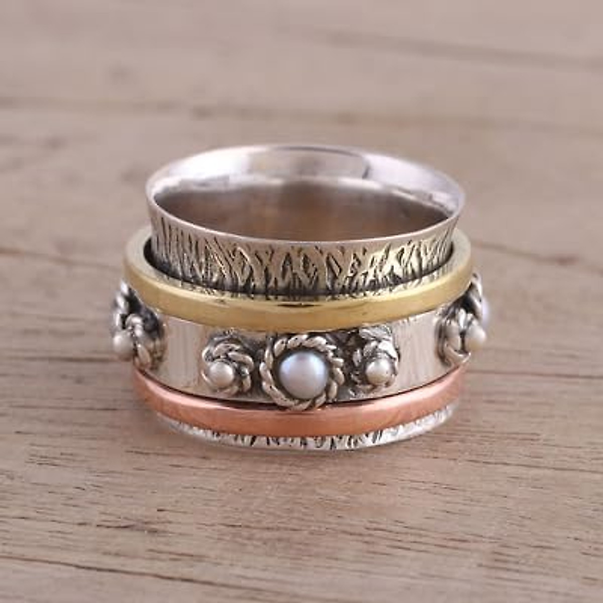 NOVICA Artisan Handcrafted Cultured Pearl Meditation Spinner Ring Sterling Silver with Brass Copper Freshwater Metallic Tone White Band India Birthstone [band Width 13 mm W] ' Spinning Blossom'