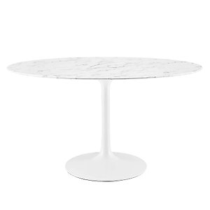 Modway Lippa 54" Oval-Shaped Mid-Century Modern Dining Table with Artificial Marble Top and White Base