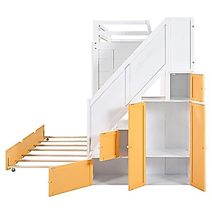 HomSof Twin Over Twin Bunk Bed with Trundle,Stairs,Ladders Solid Wood Bunk Bed with Storage Cabinet （White + Yellow）