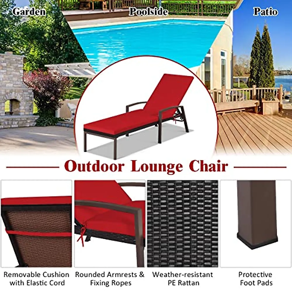HAPPYGRILL 2PCS Patio Chaise Lounge Chair Outdoor Rattan Wicker Lounge Set Adjustable Backrest Poolside Chaise with Soft Cushions for Beach Pool Backyard Balcony