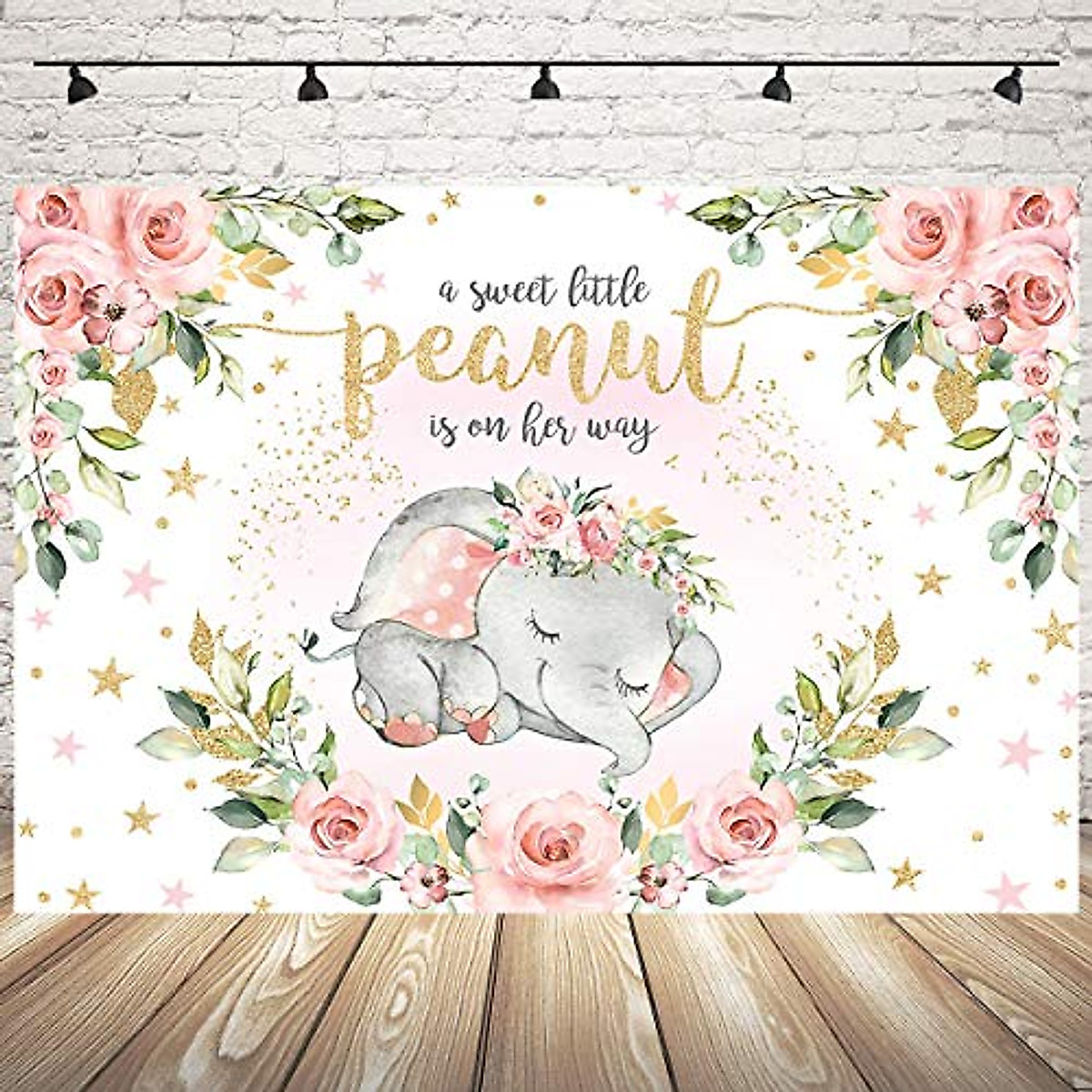 Mocsicka Baby Girl Elephant Baby Shower Backdrop Pink Floral Sweet Little Peanut is on Her Way Photo Backdrops Cute Elephant Party Cake Table Photography Background (7x5ft)