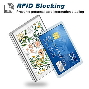 Rimilak Metal Credit Card Holder, Mini Credit Card Wallet RFID Blocking Slim Metal Hard Case for Women Men, White Flower