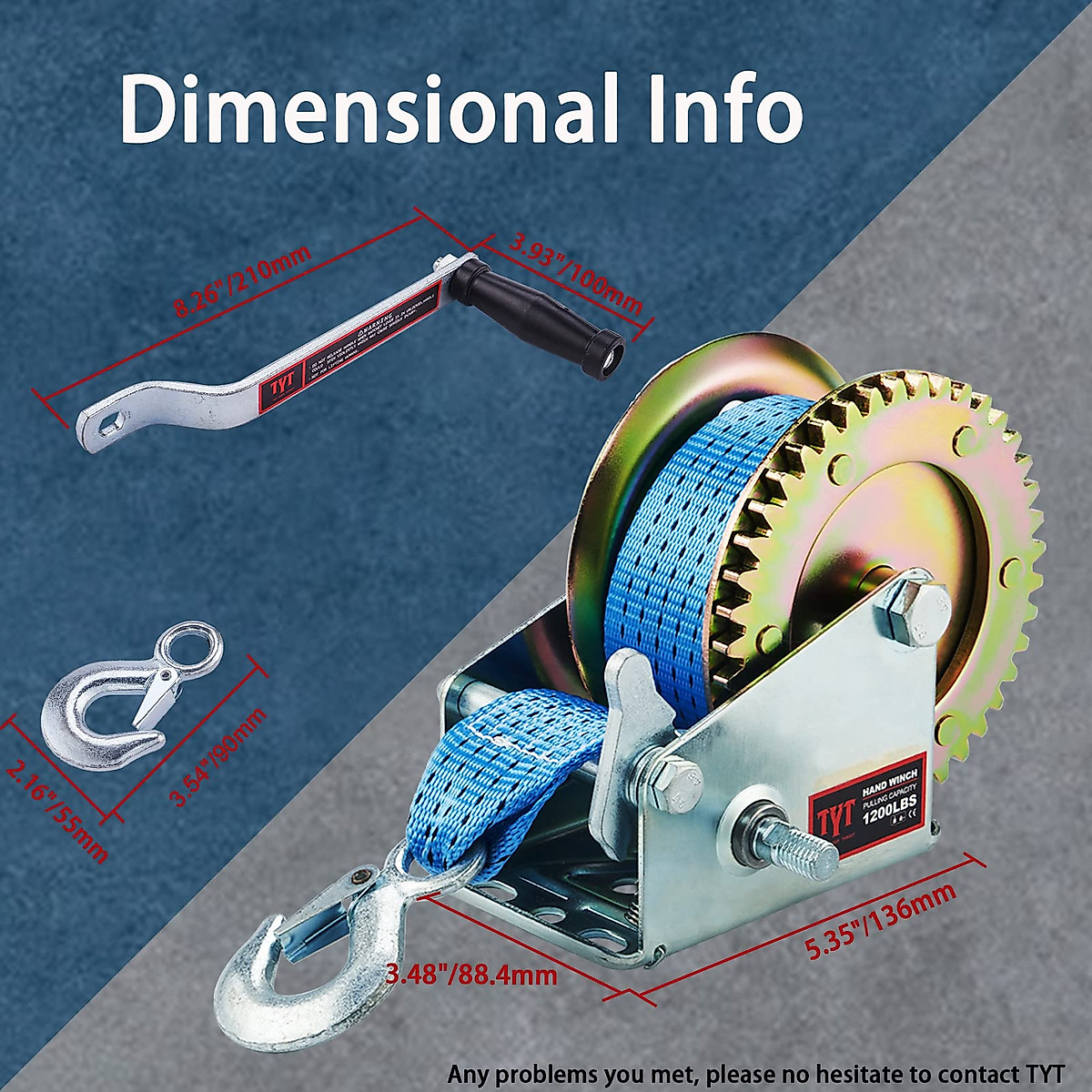 TYT 1200LB Boat Trailer Winch Strap Winch with Blue 26FT Rope, Hand Crank Winch with Hook, High Carbon Steel Dual Ratchet Gear Manual Winch for Towing Pulley Boat Trailer Truck RV Jet Ski Marine Winch