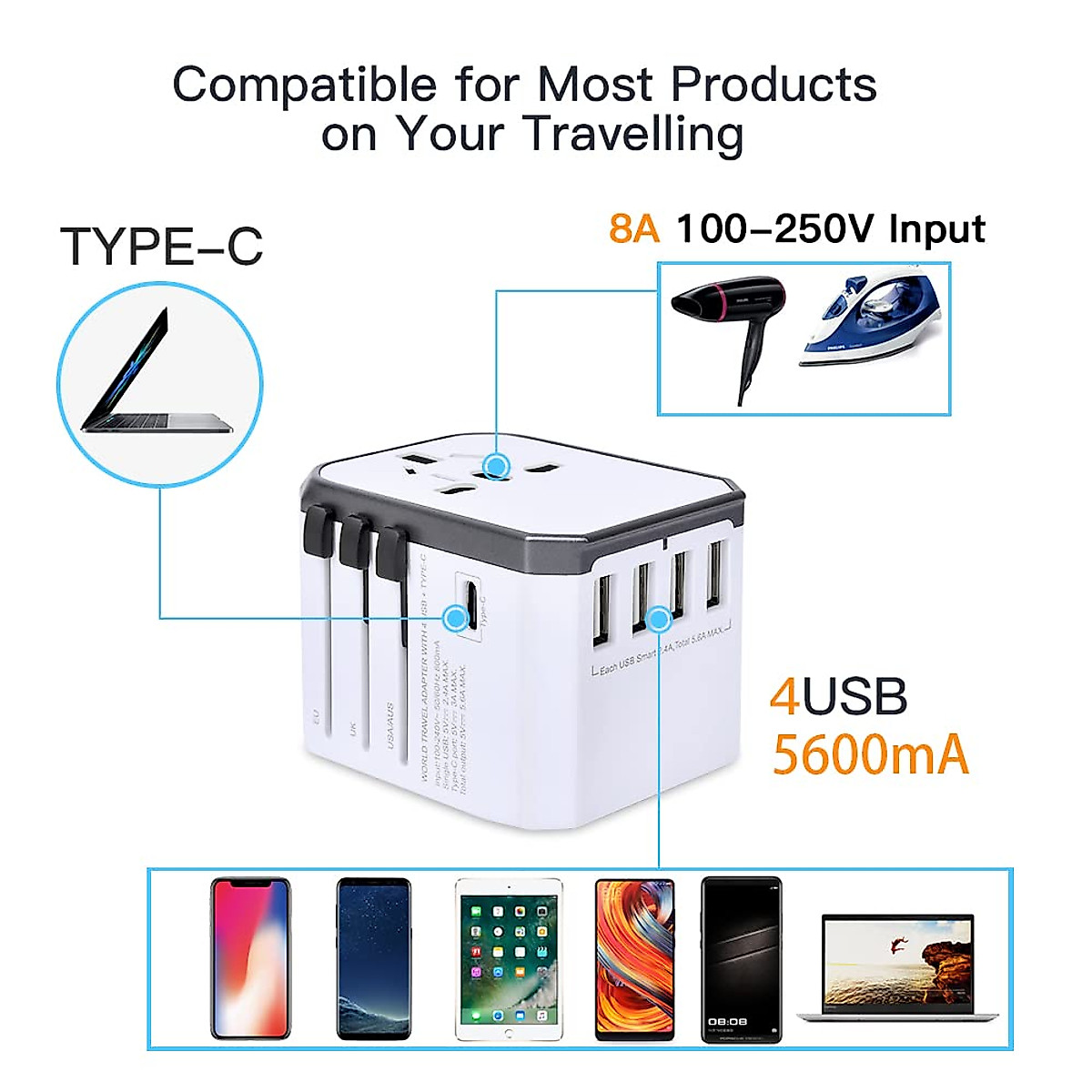 Universal Power Adapter, USB International Travel Adaptor All in One Worldwide Plug Fast Charger Outlet with 4 USB Ports AC Socket for US to AU UK Europe Over 224 Countries