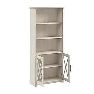 Bush Furniture Lennox Tall 5 Shelf Bookcase with Glass Doors in Linen White Oak | Farmhouse Bookshelf Cabinet for Living Room and Home Office