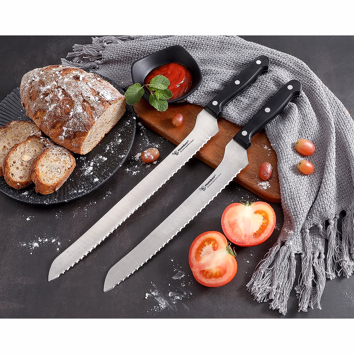 HUMBEE, 12 inch Offset Bread Knife Serrated Knife Wave Edge Blade,Black