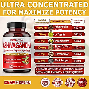 Organic Ashwagandha Capsules Equivalent to 7050mg - Maximum Potency with L-Theanine Turmeric Rhodiola St. John's Wort Increase Strength Focus Mood Sleep Support - 90 Days Supply