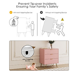 Aobafuir 3 Drawer Dresser for Bedroom, Modern Closet Dressers Chest of Drawers, Storage Dresser Chest Cabinet Organizer Unit, Small Fluted Dresser for Bedroom (Pink Stripe)